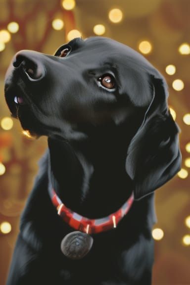 Black lab Christmas Card. Bokeh lights, snow very detailed rendering. Oil painting. 🎁 presents ...