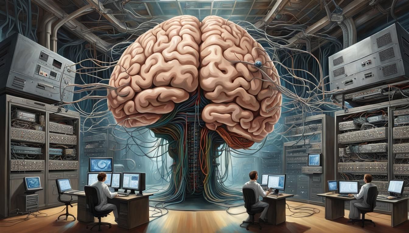 a colossal human brain is connected to advanced computers - AI ...
