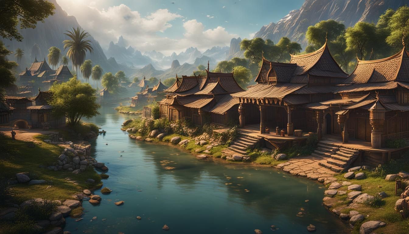 old Indian Muslim village with a road and river - AI Generated Artwork ...