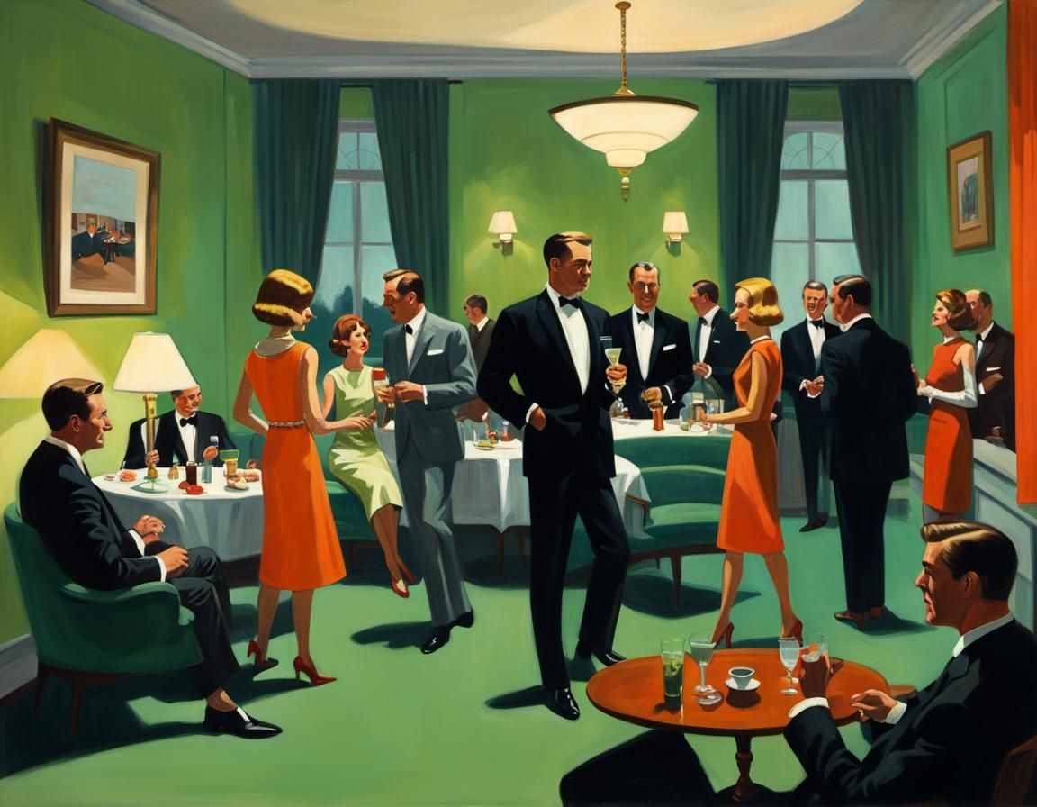 "Edward hopper style painting of lively 1960s cocktail party with well ...