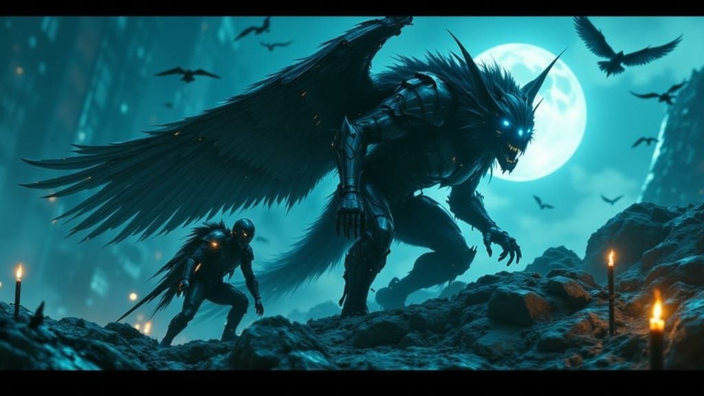 a dramatic scene featuring a large, menacing cyber-angel werewolf with ...