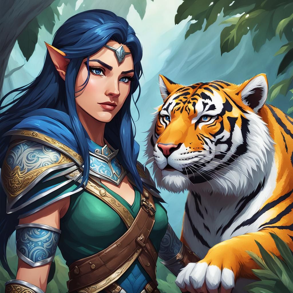 Elf and her tiger - Elven Ranger with Saber-Toothed Tiger