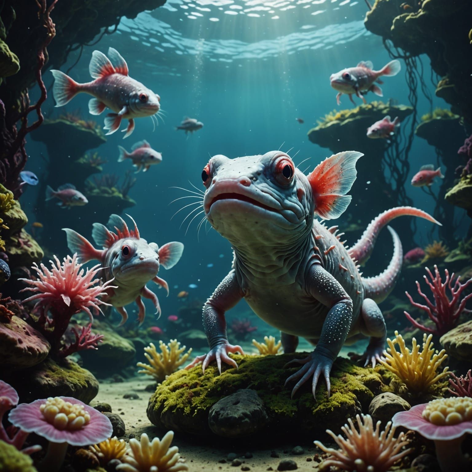 Epic Underwater Kingdom of Axolotls in Cinematic D... - AI Art