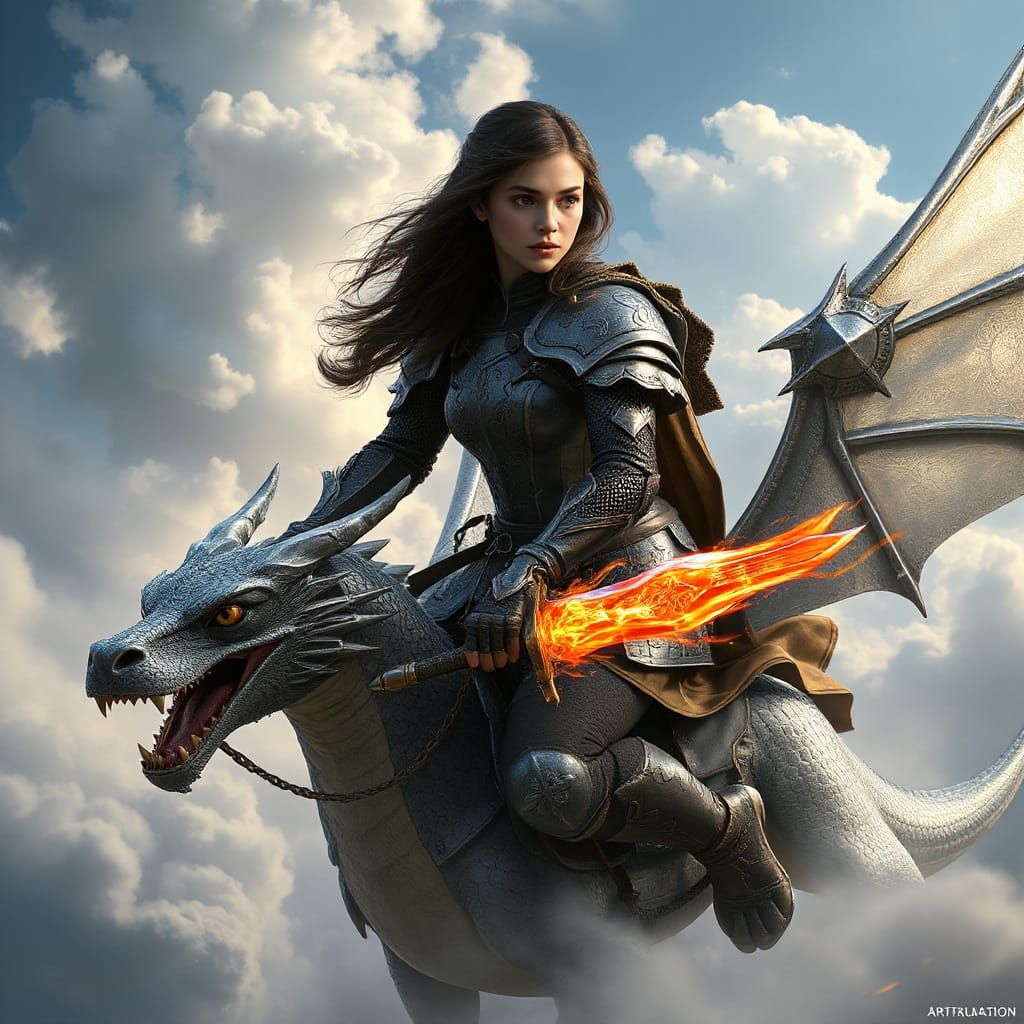 Ethereal Warrior Rides Majestic Silver Dragon - AI Art