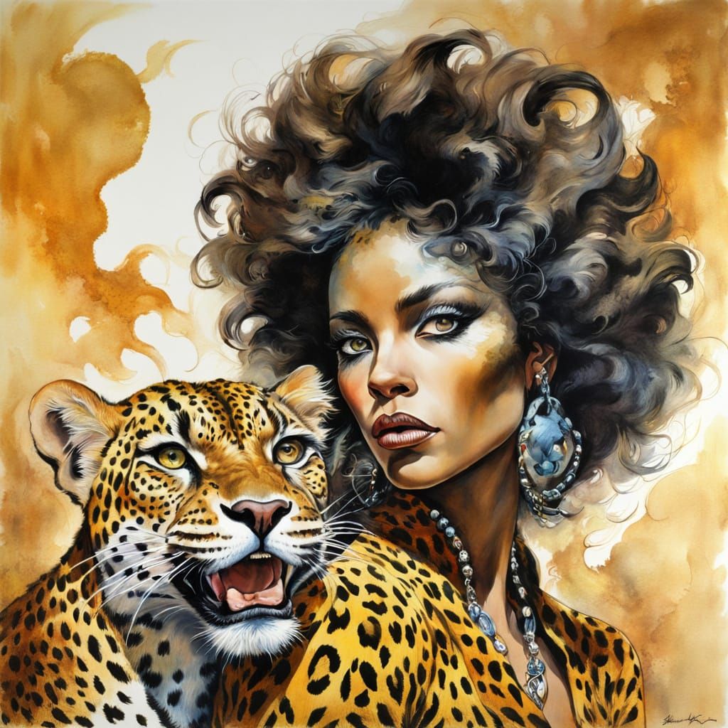 "Boris Vallejo, Dramatic, HD Portrait, fantasy, Leopard, Dynamic Action, Amber, Grunge, Op Art ...