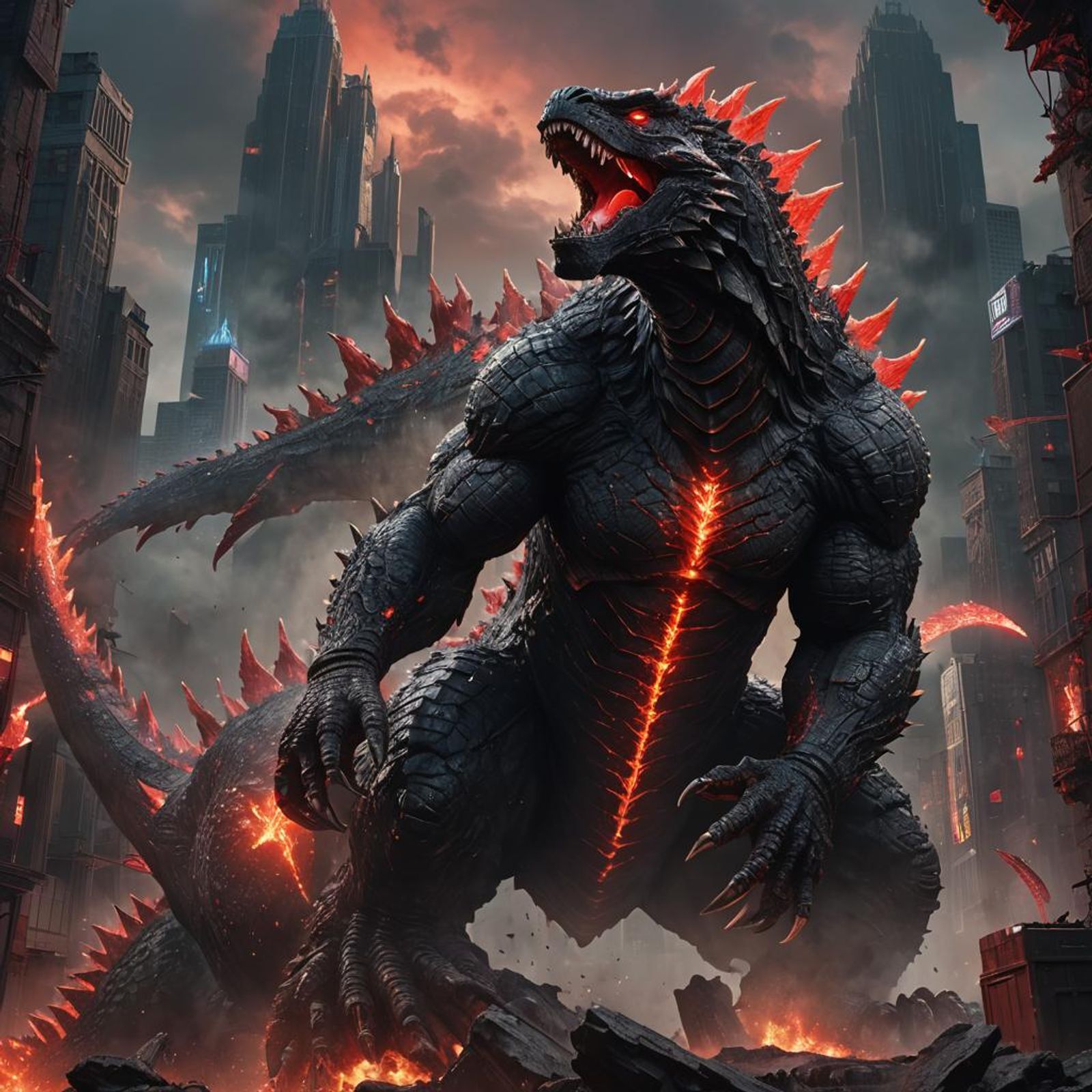 Godzilla, with atheltic build, long tail, jagged red glowing dorsal ...