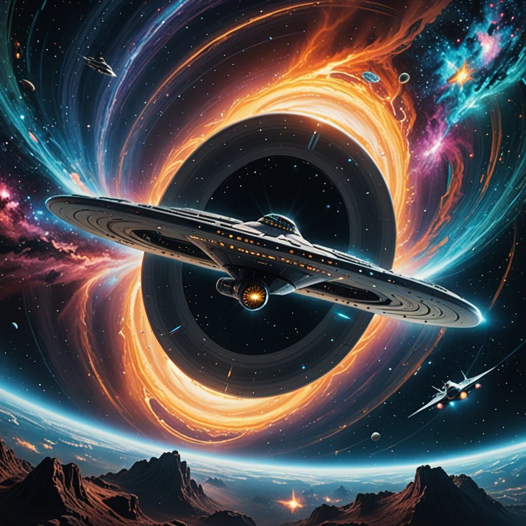 USS Enterprise in a Vibrant Wormhole, Exploring Ne... - AI Art