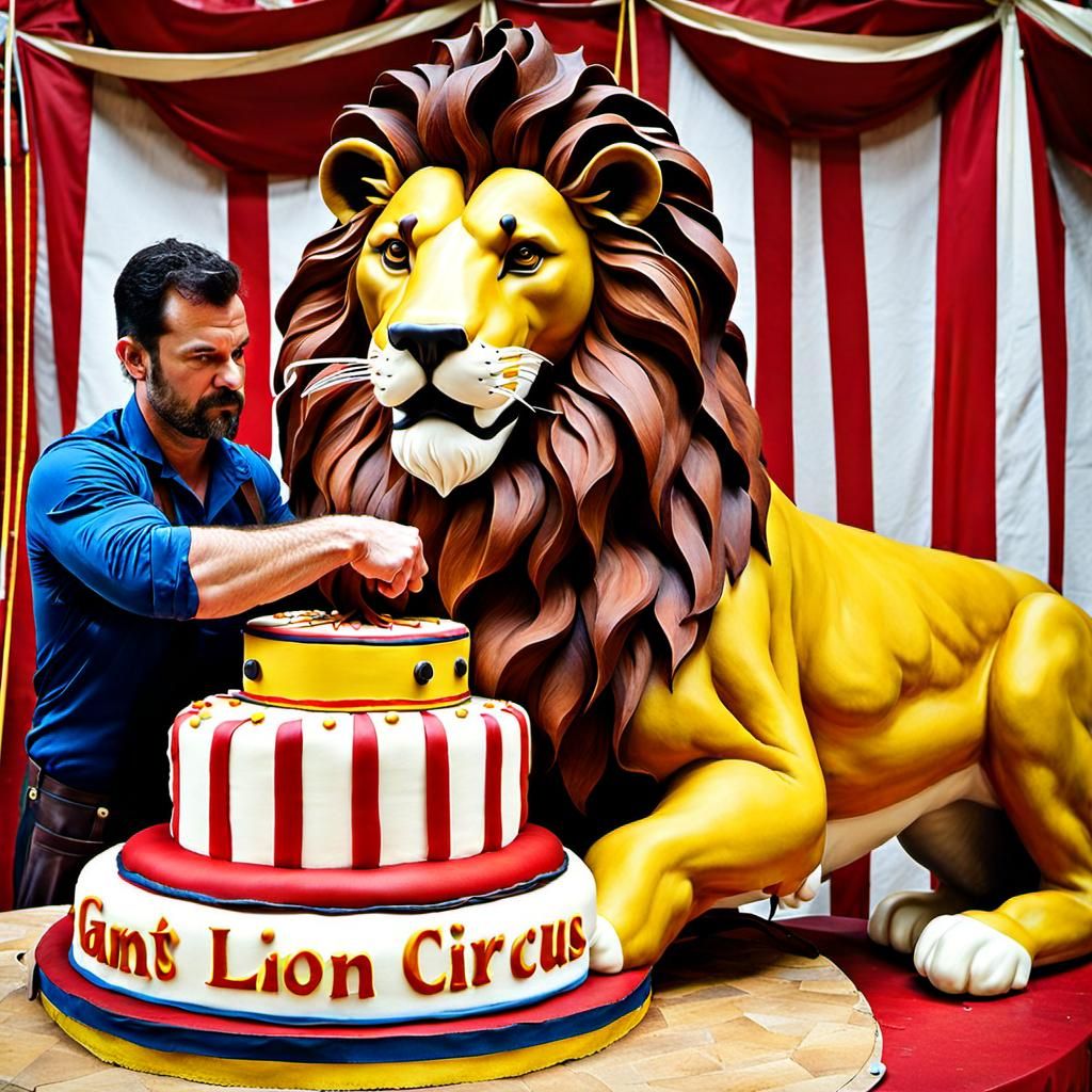 Cake maker making a Giant Circus Lion Tamer Cake sculpture - AI ...