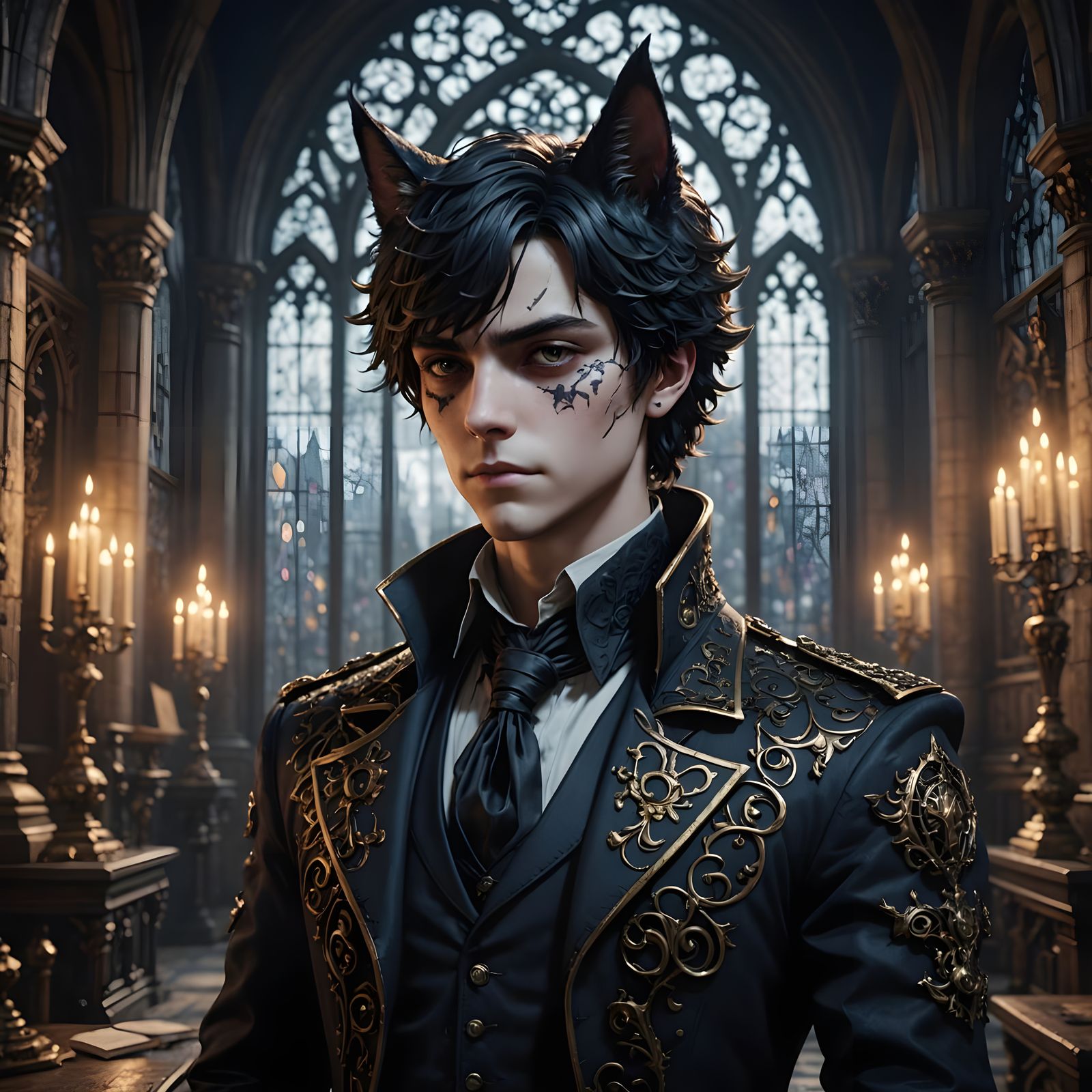 Gothic Romanticism Catboy in Dark Academia Dreamsc... - AI Art