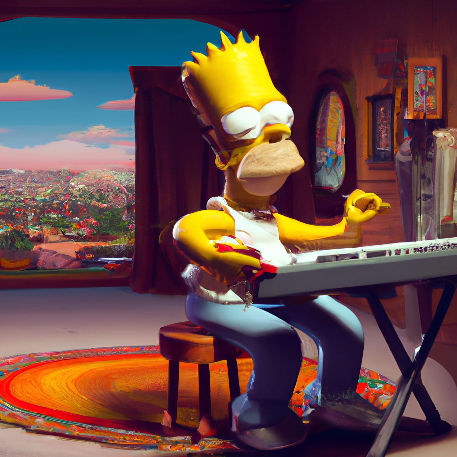 Stoned Bart Simpson playing a Moog synth solo, intricately detailed ...