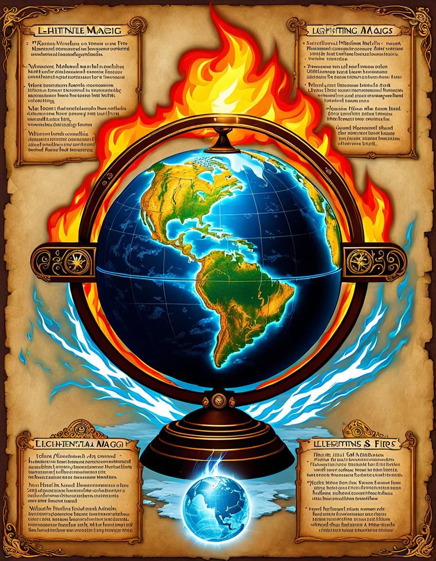 globe; lightning; map; elemental magic; water; ice; fire; wind; earth ...