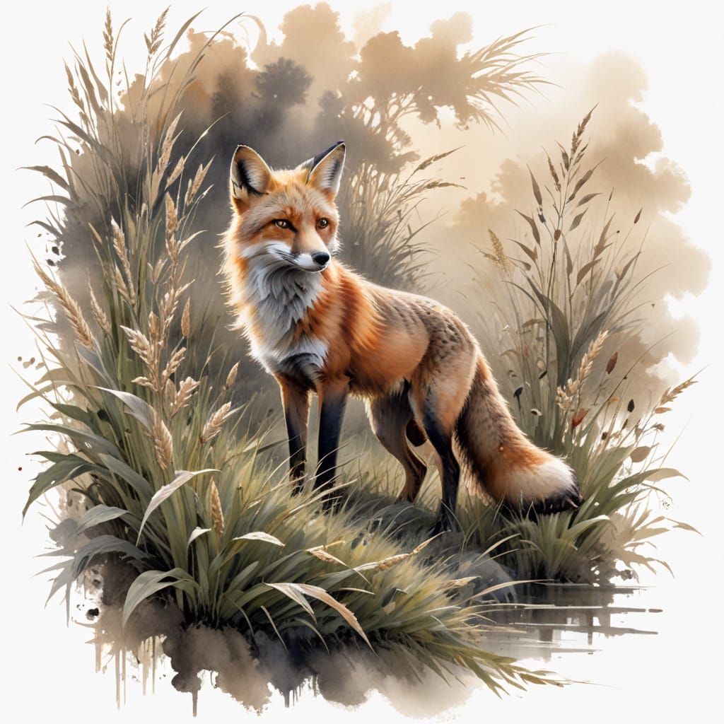 Elegant Red Fox in Traditional Chinese Ink Wash St... - AI Art