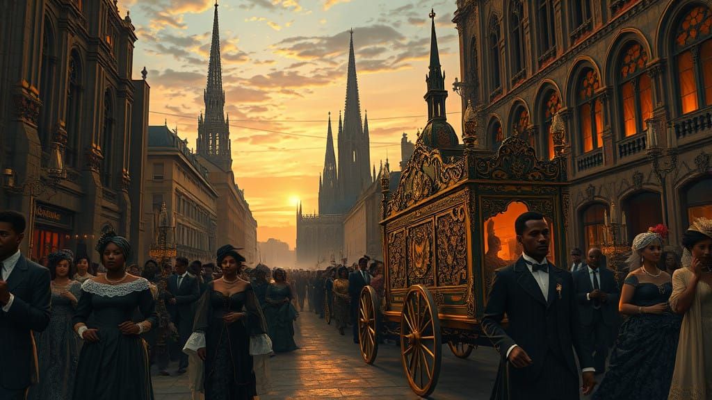 Solemn Procession in Gothic Cityscape with Art Nou... - AI Art