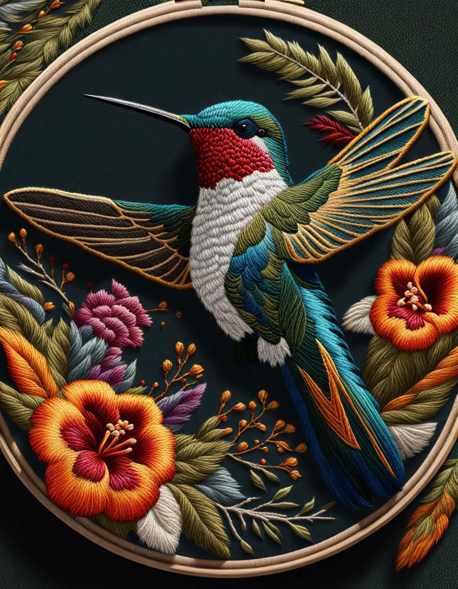 Hummingbird embroidery - AI Generated Artwork - NightCafe Creator
