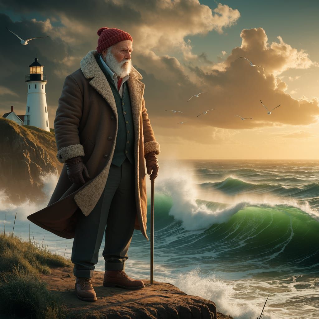 An ultra-realistic 8K image of an elderly lighthouse keeper standing on a wind-swept cliff ...