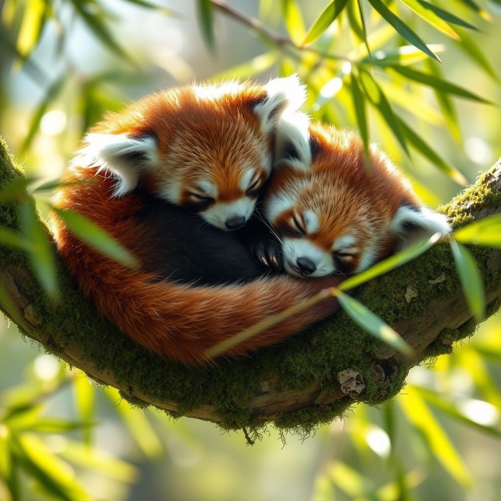 Two adorable baby red pandas curled up together, sleeping