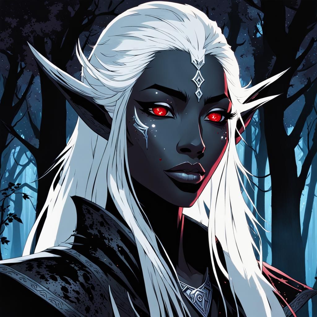 a beautiful drow elf with deep black skin, piercing red eyes, striking ...