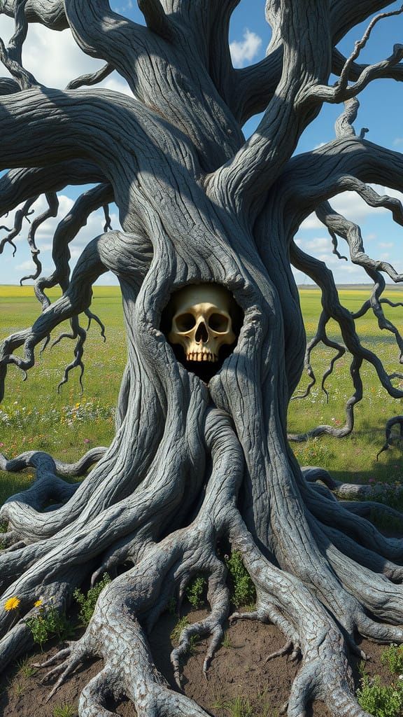 Ethereal Tree of Undeath in Lush Prairie Landscape - AI Art