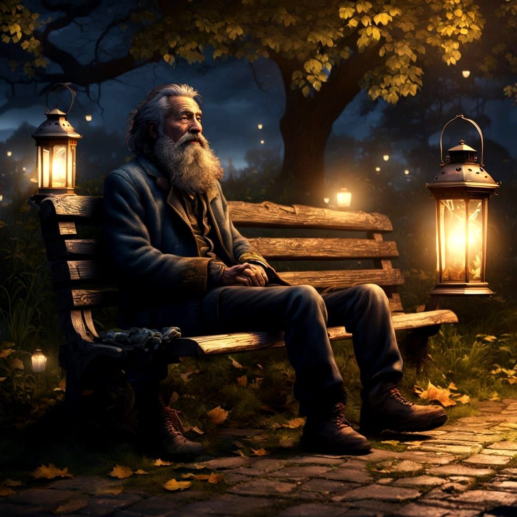 waiting for... - Homeless Man Basks in Nighttime Fantasy