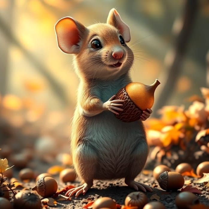 Surreal Autumn Forest Scene with Mouse and Acorns