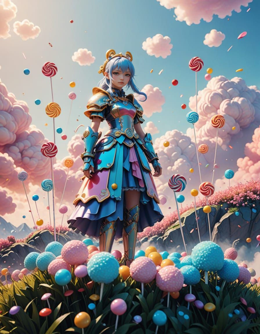 Vibrant Candy Warrior Girl in Whimsical Wonderland - AI Art