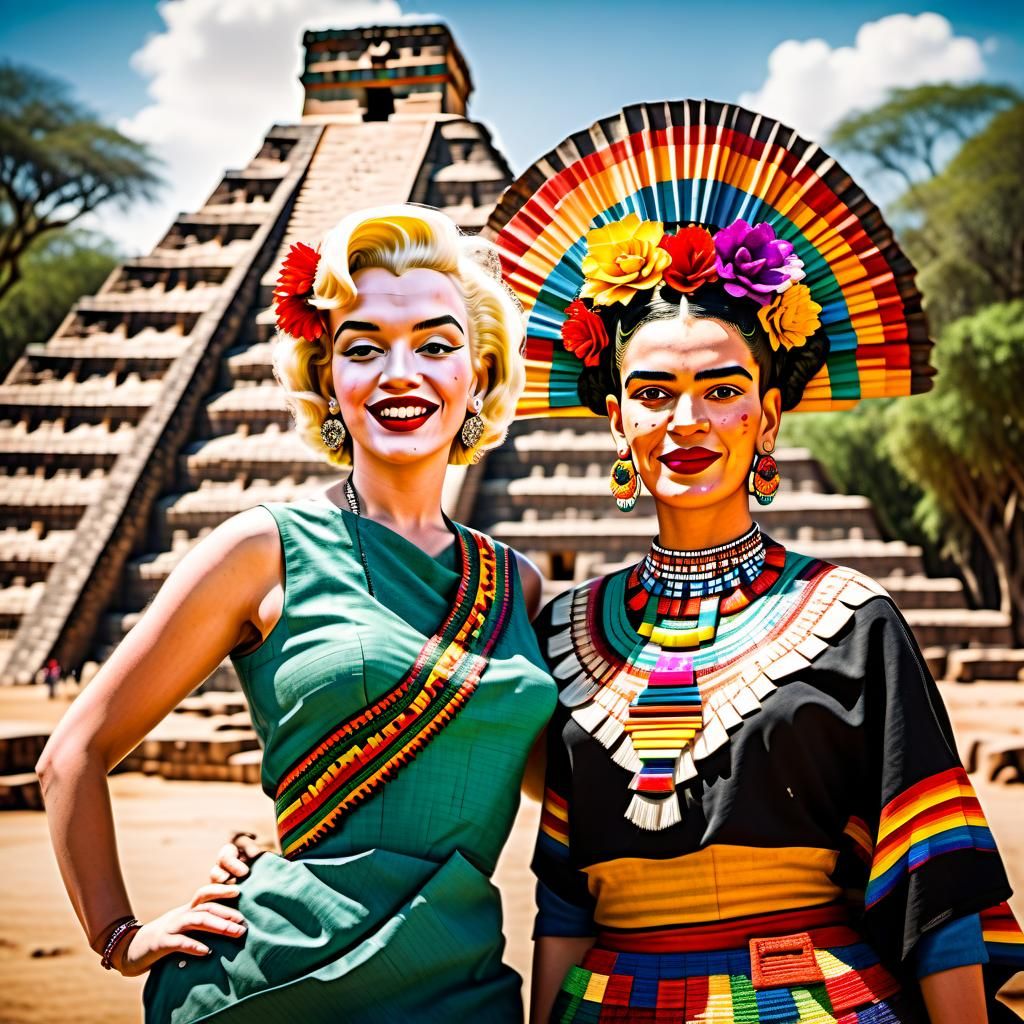 marilyn monroe and frida kahlo in front of a mexican aztec pyramid ...