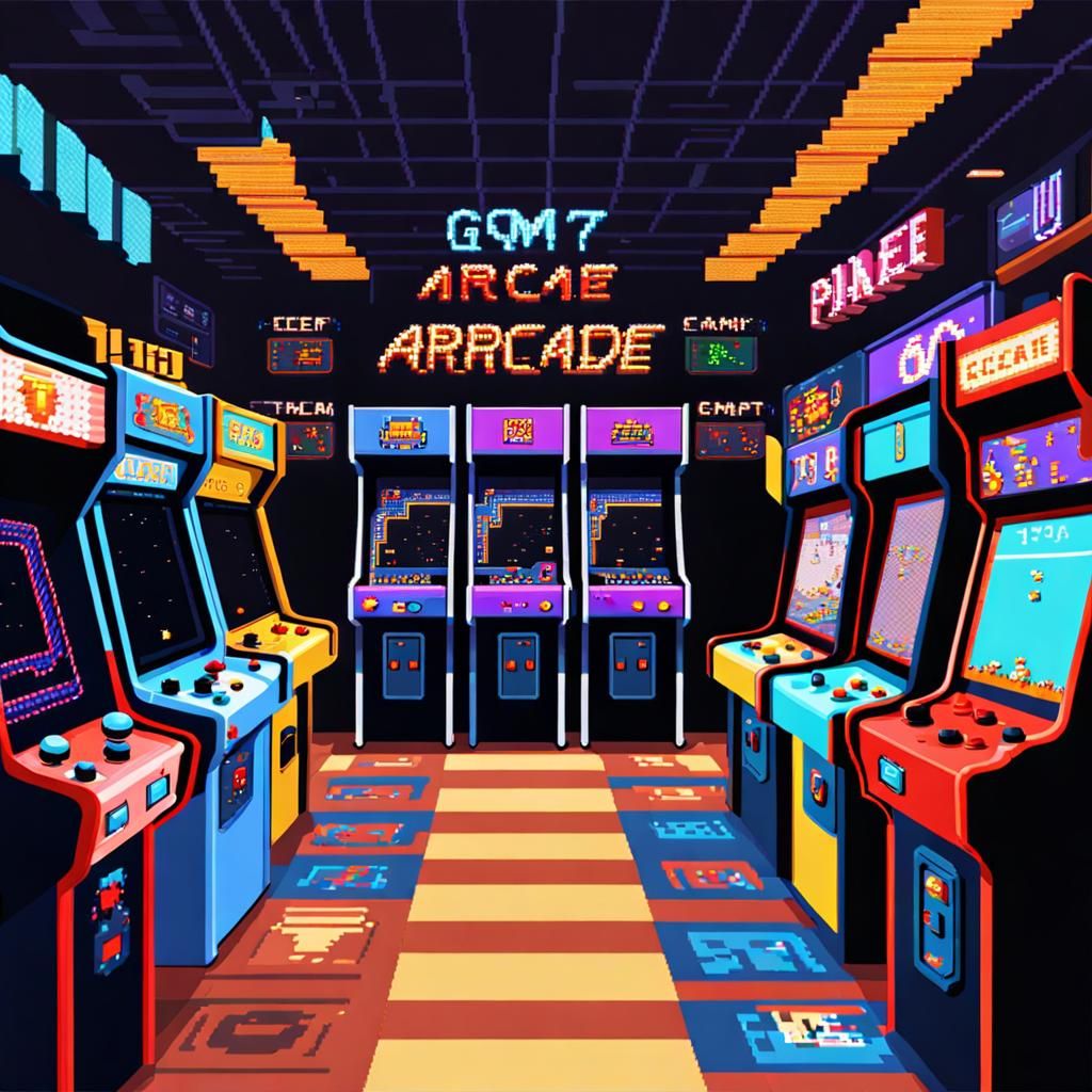 A retro pixel art arcade room, with various classic arcade machines, each displaying colorful ...