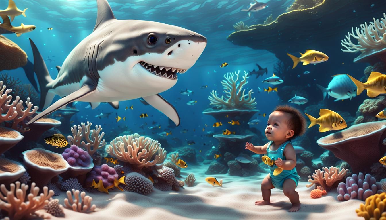 cute and beautiful baby playing with a cute toy shark on a coral reef ...