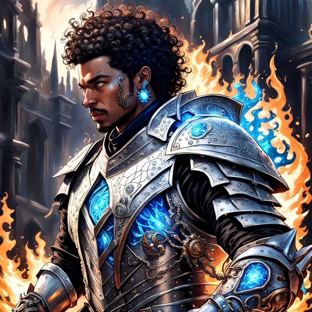 Male, curly black hair, cute, emblazed with fire, armor, ICA SCA ICA ...
