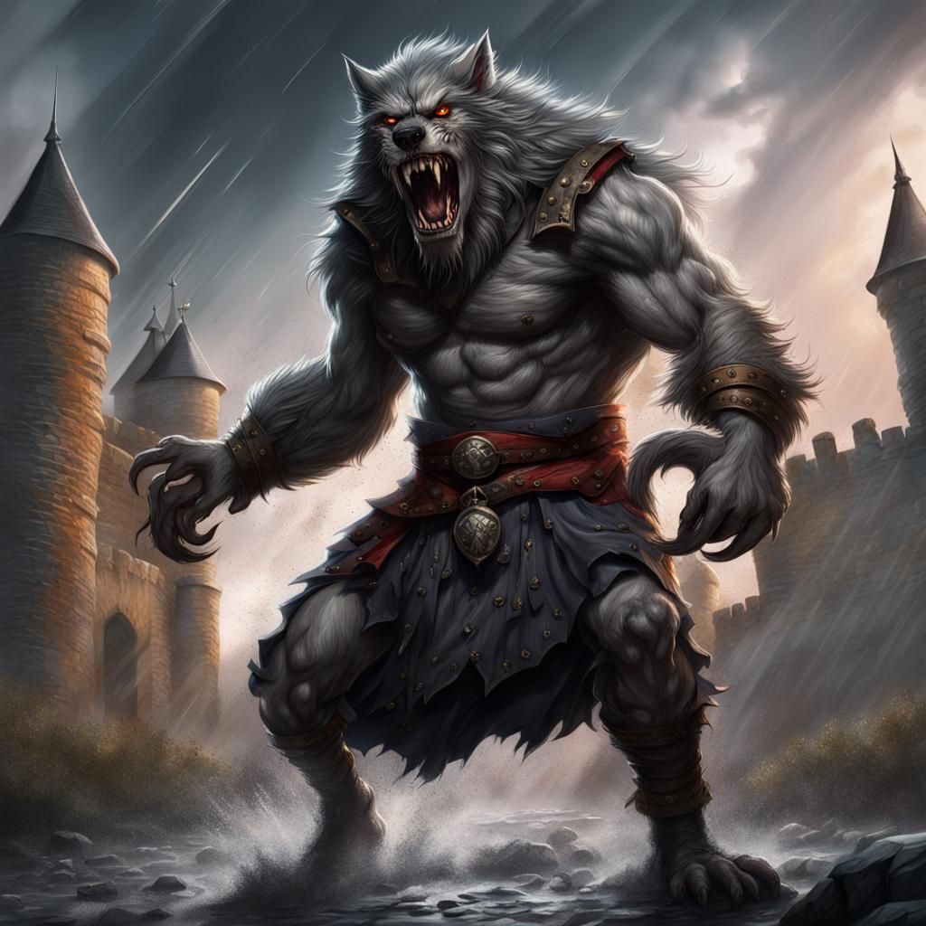 A large, snarling, gray werewolf with long claws and dressed in a kilt ...