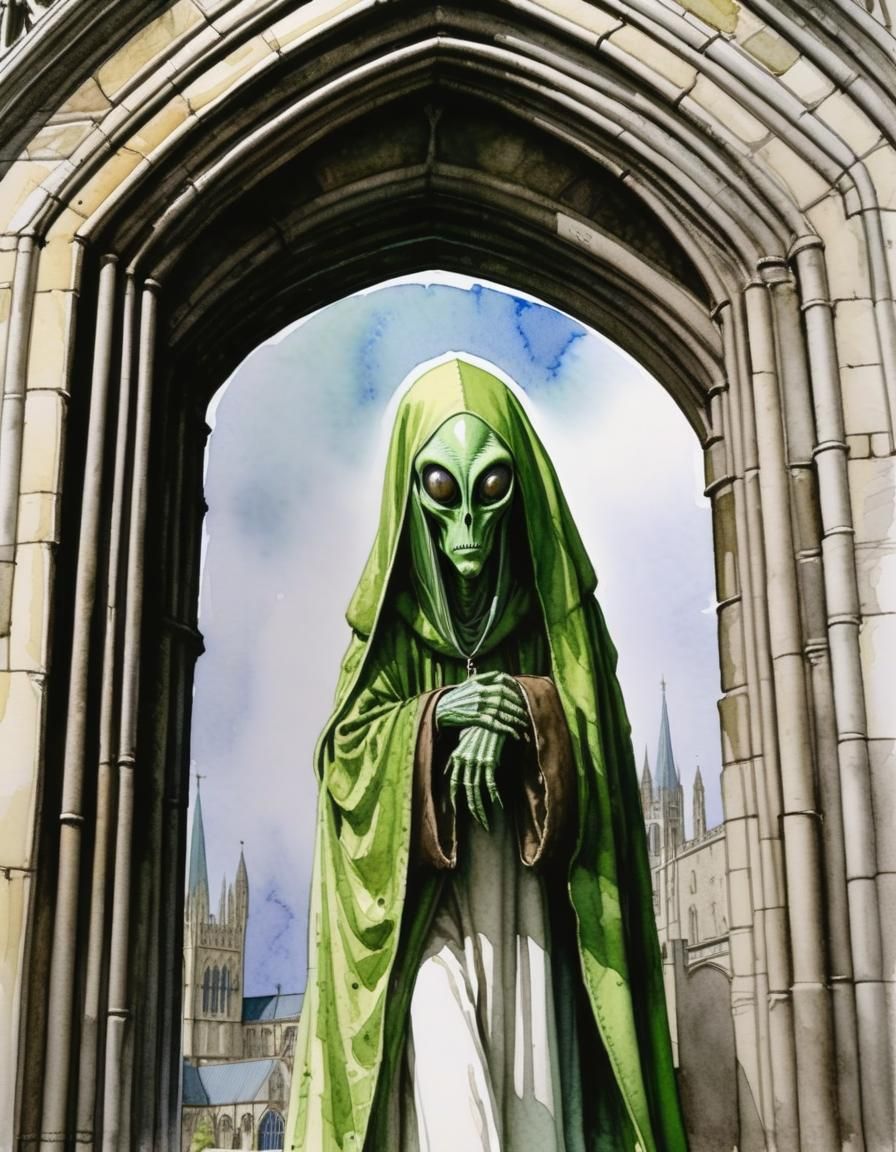 Medieval Space Alien Pilgrim at Canterbury Cathedr... - AI Art
