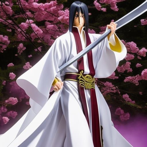 Photorealistic Byakuya Kuchiki Attacks With His Sword White Robes Fly Around Casts Bankai