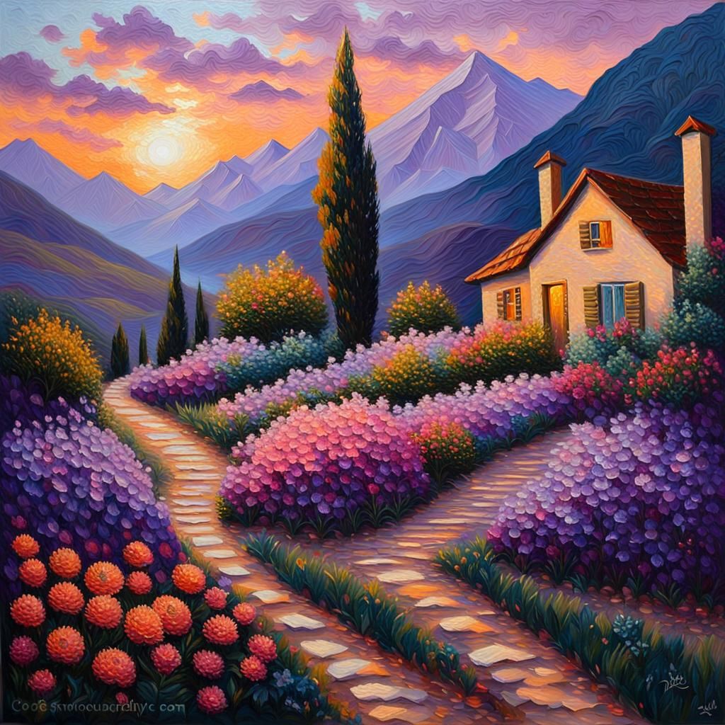 A beautiful landscape with purple mountains and a sunset in beautiful ...