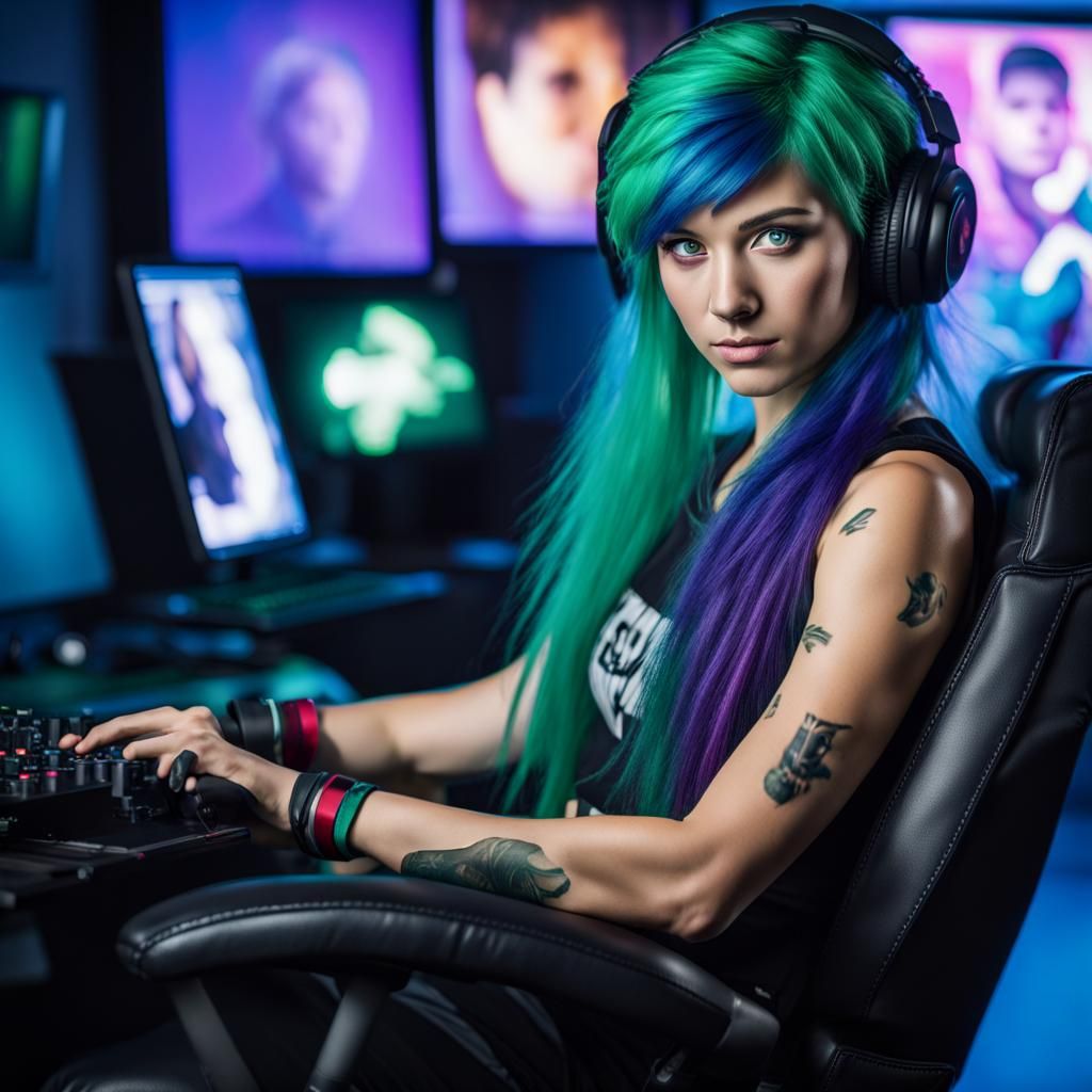 extreme cute and beautiful blue violet green haired emo teen in very ...