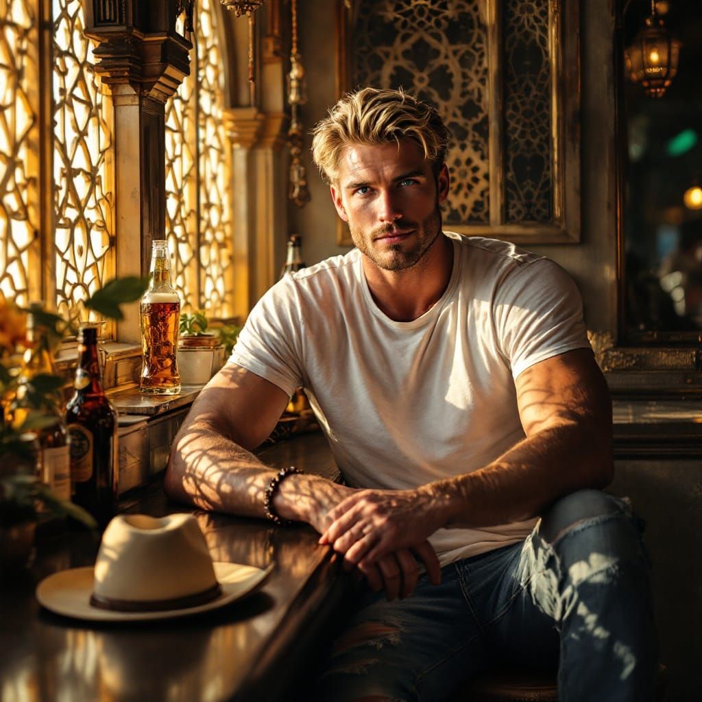 Confidently posed, a ruggedly handsome blond man with an chiseled jawline, striking bleu-green ...