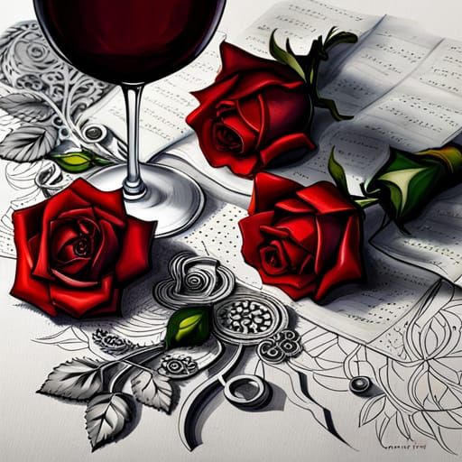 Gothic art alcohol ink illustration of intricately detailed red roses ...