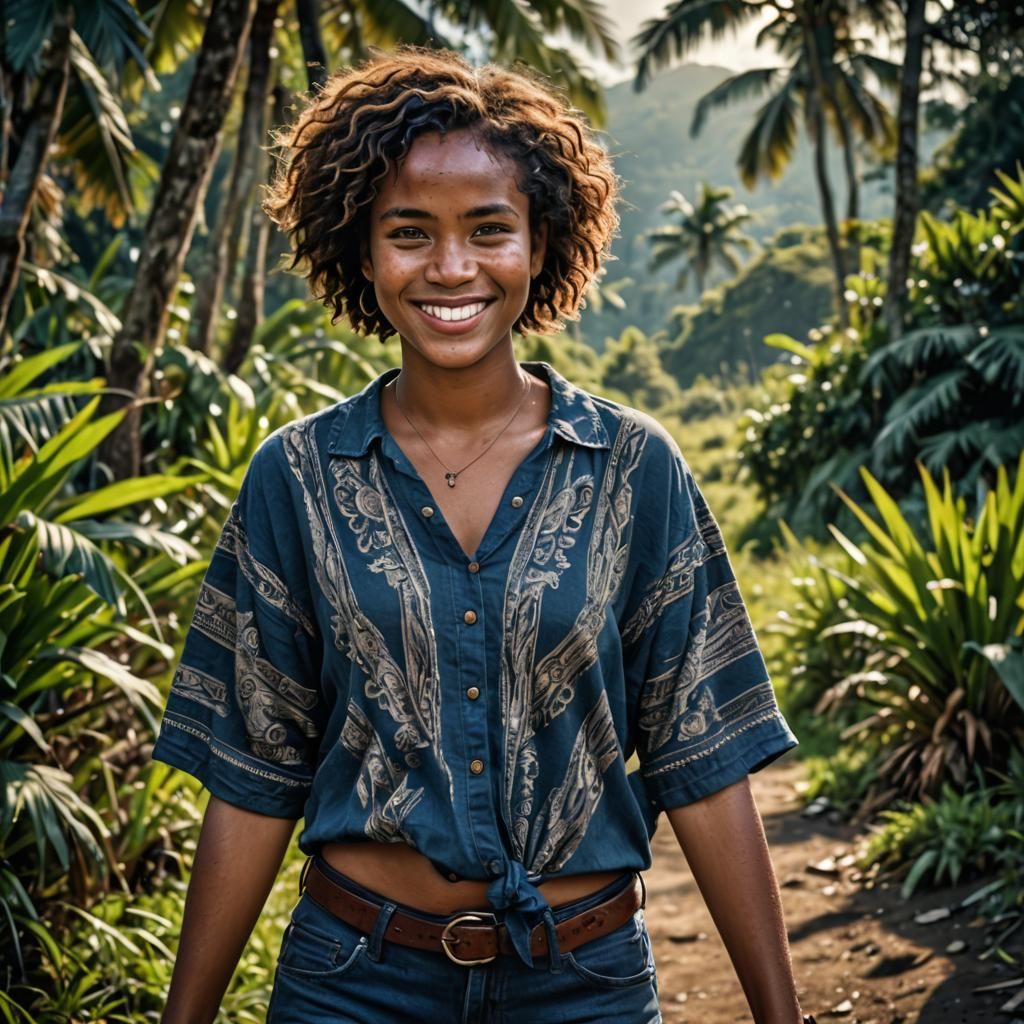 Full body beautiful Papua New Guinean woman with dark short coiled hair ...