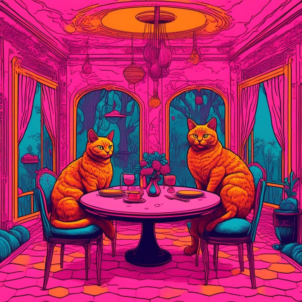 Two cats on a date in a fancy restaurant. Screen print, pop art, splash ...