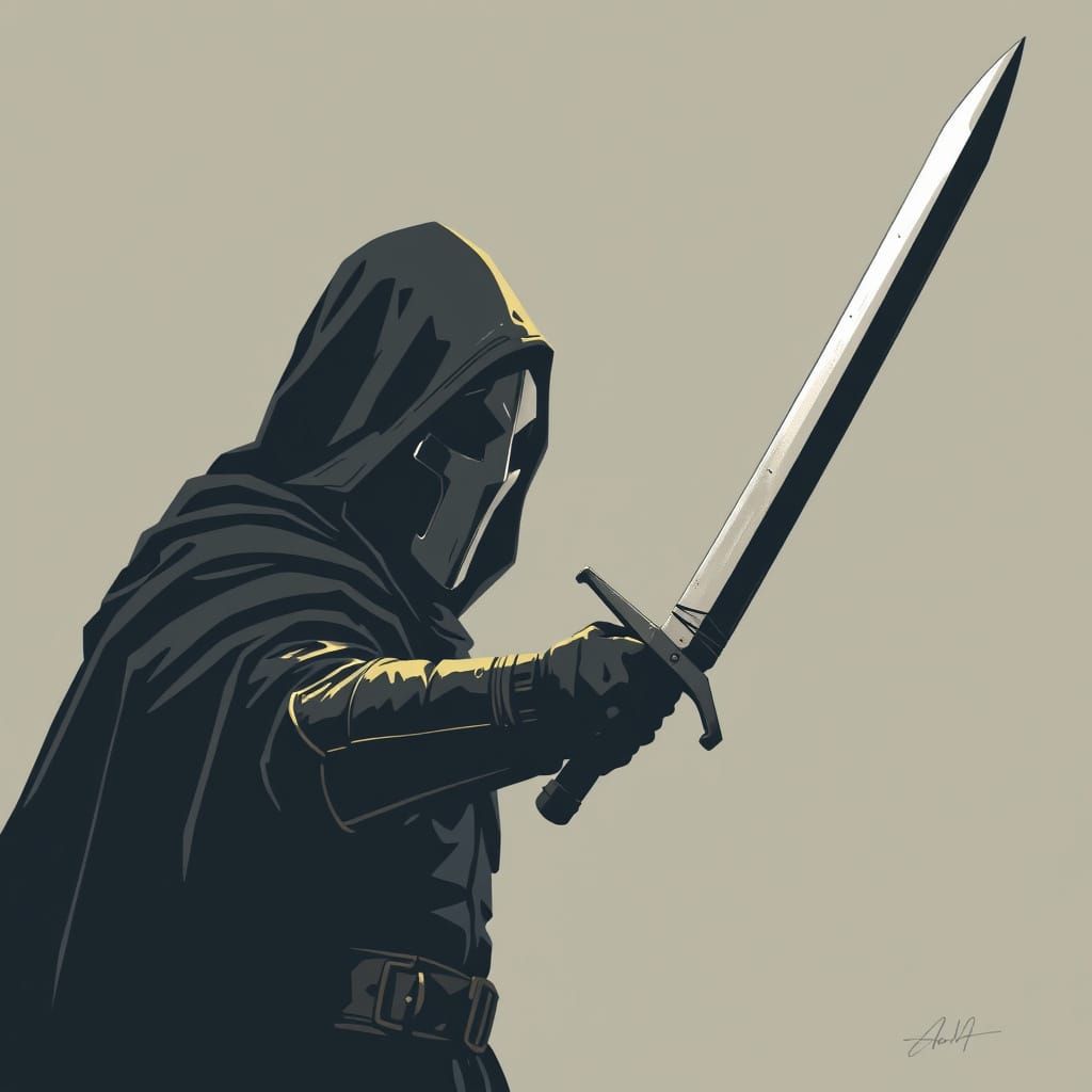 Dark Knight in Mourning, Sword in Hand - AI Art