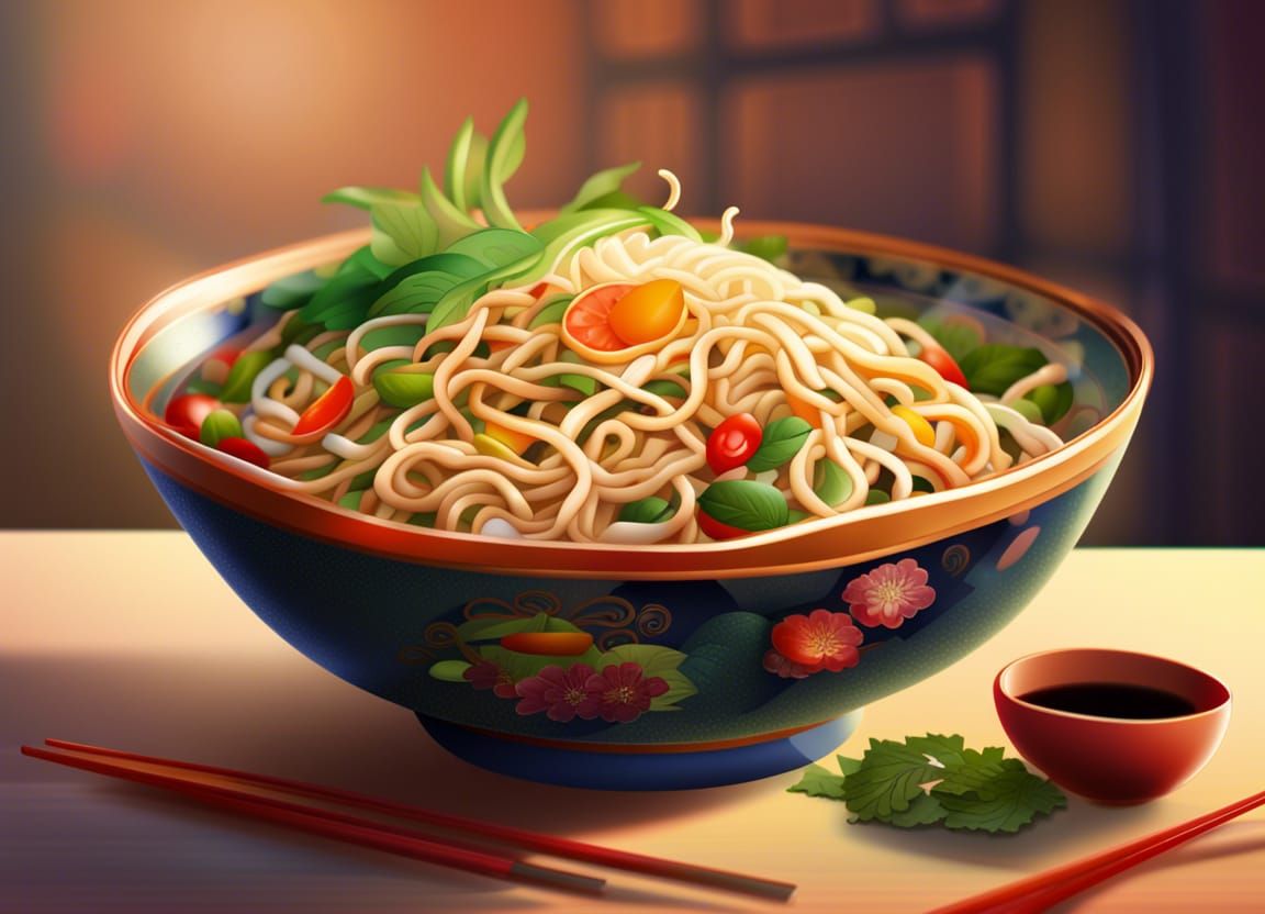 A detailed illustration of Asian Sesame Noodle Salad served in a Traditional Chinese Bowl - AI ...