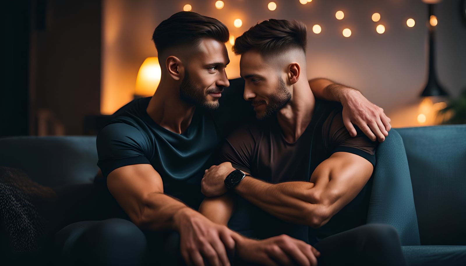 two guys cuddle on a sofa - AI Generated Artwork - NightCafe Creator