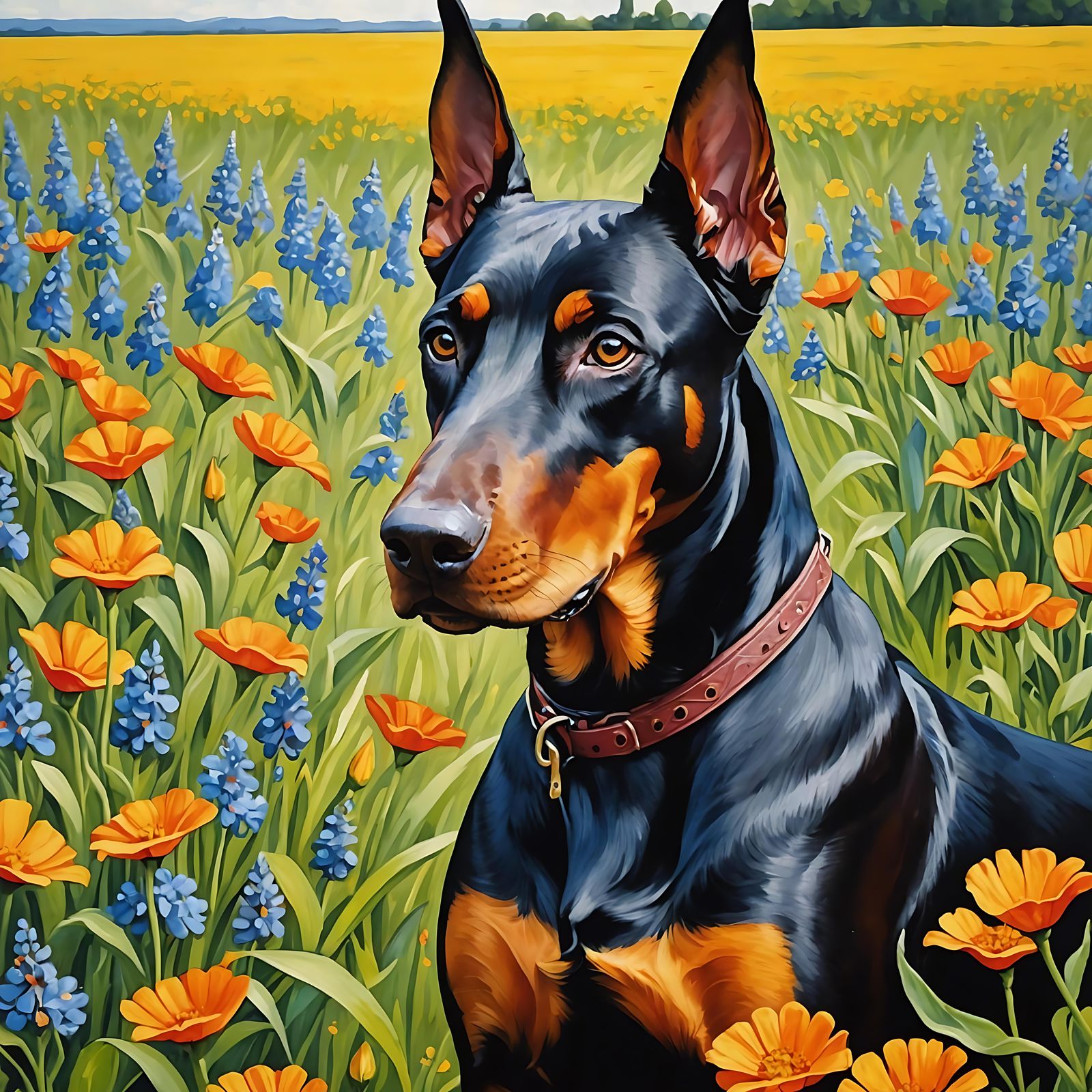 Doberman in flower field - AI Generated Artwork - NightCafe Creator