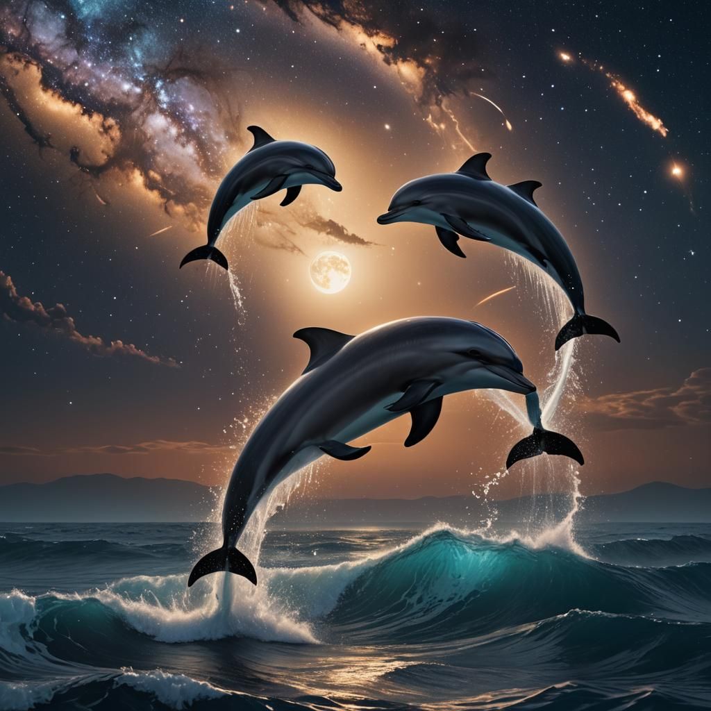 A pair of dolphins jumping through bioluminescent waves under a starry ...