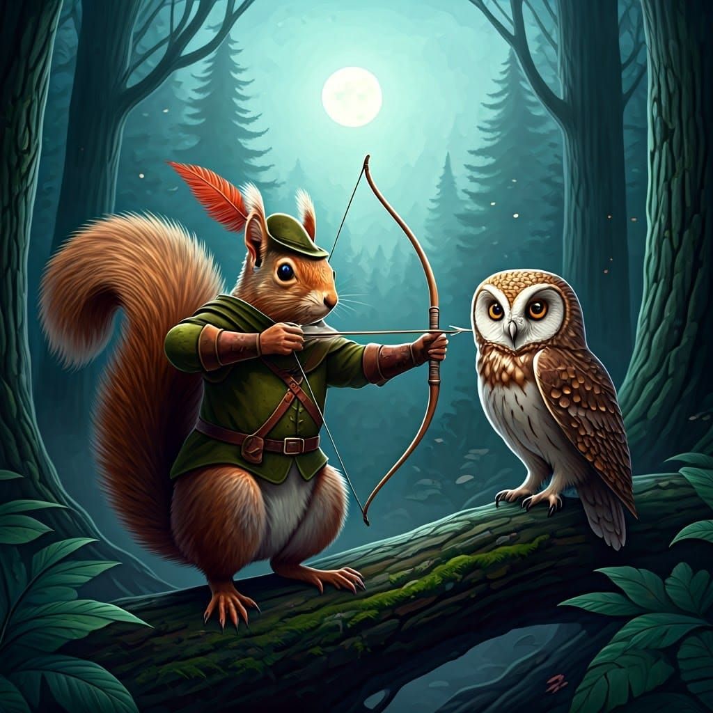 Squirrels and owls dressed like robin hood playing archery Epic ...