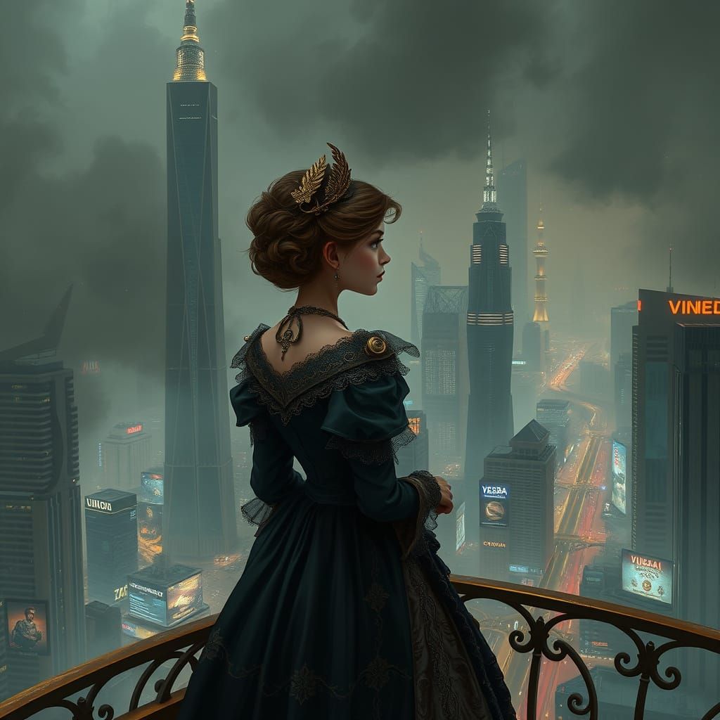 Regal Princess Contemplates Dystopian Metropolis i... - AI Art