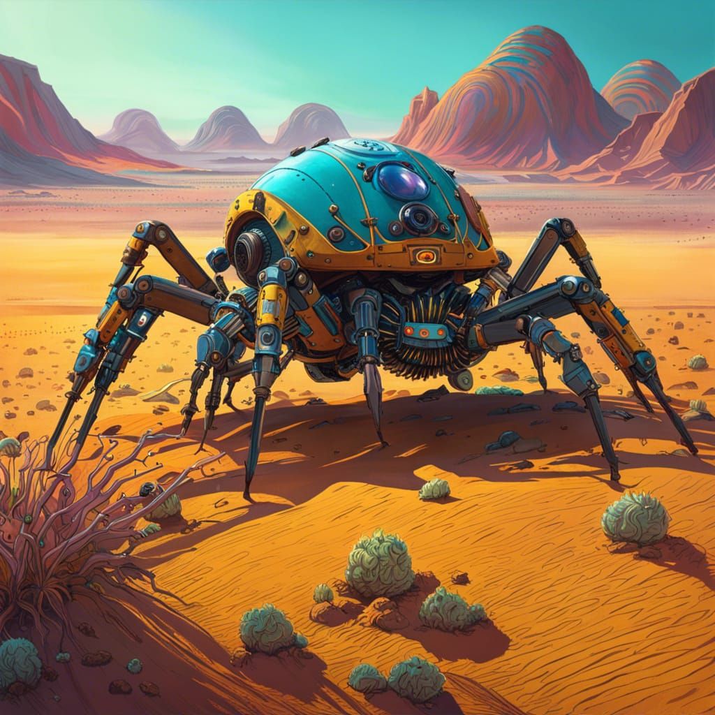 Colossal military robotic spider crawling through a strange alien ...
