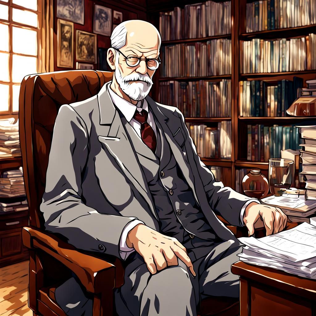 sigmund freud as an anime character sitting in his office in wien - AI ...