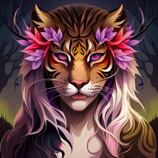 Awesome blonde awesome long hair female tiger witch emerging from wild ...
