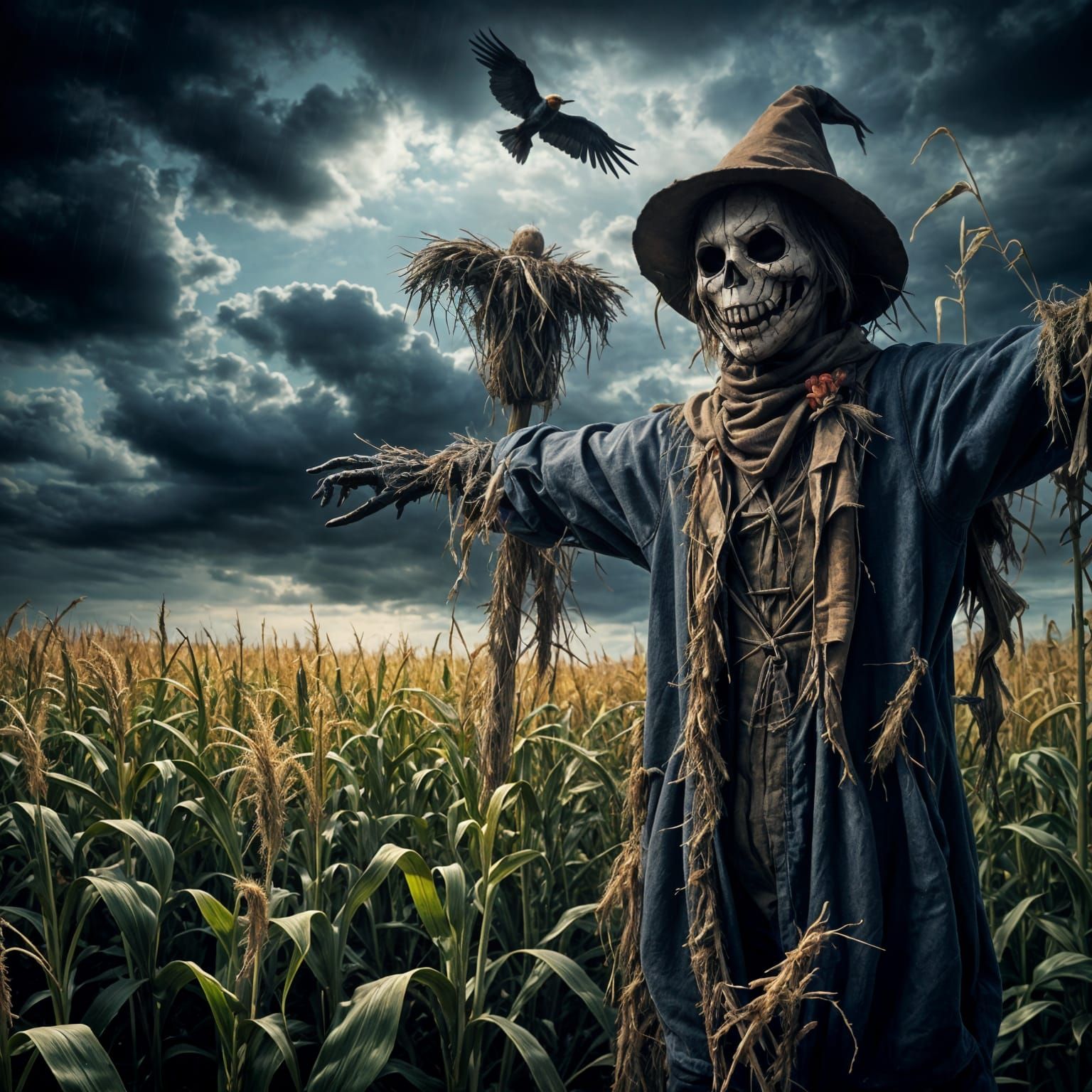 don't be scared! - Scarecrow Watches Over a Golden Cornfield