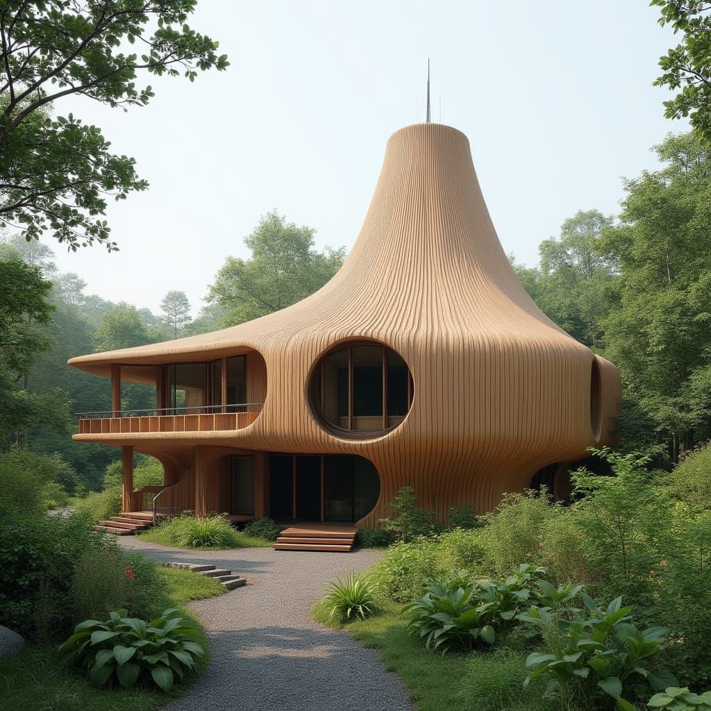 Modern Volcano Building in Wood - AI Art